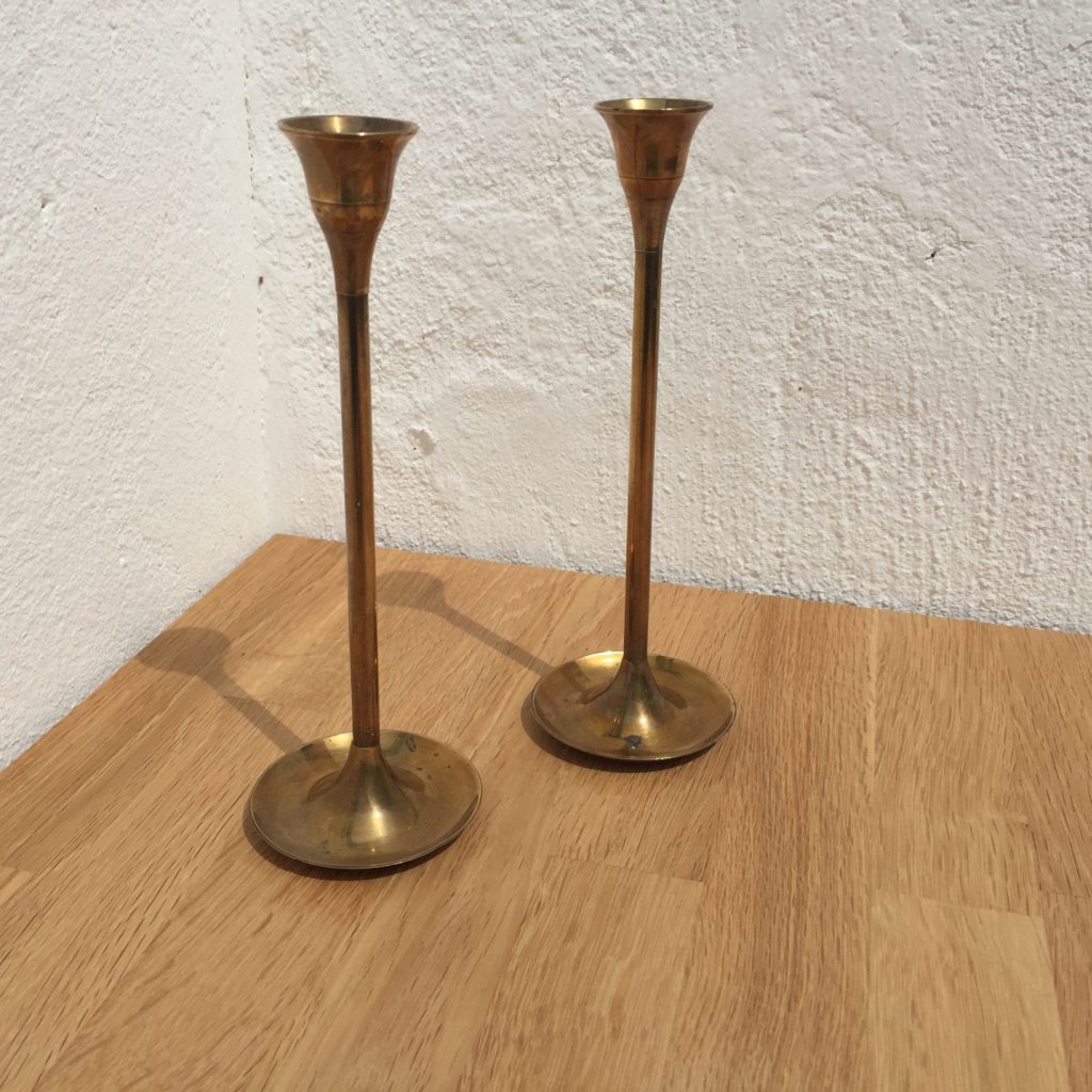 Messing lysestager, sæt patineret stager, med glas